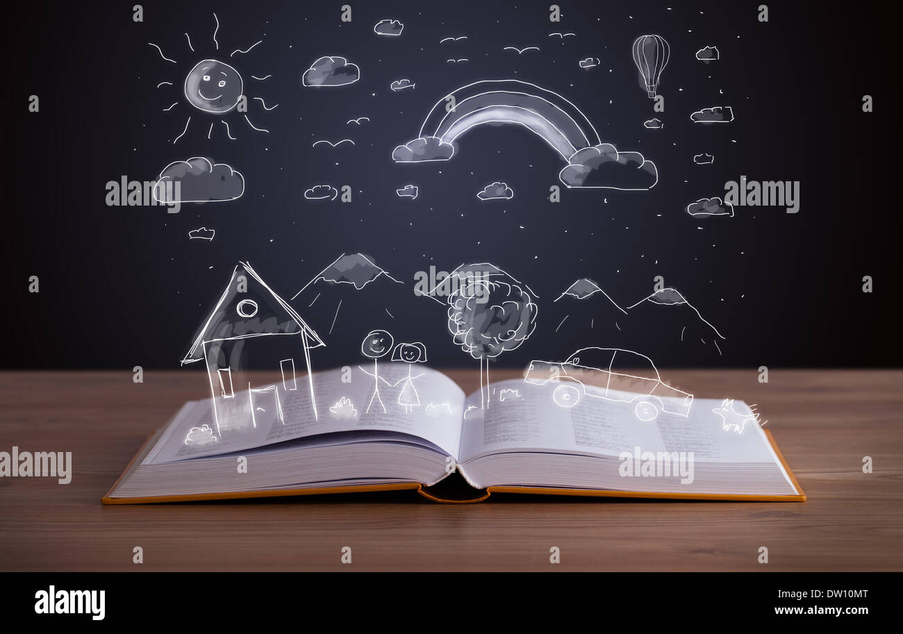 Open book with hand drawn landscape Stock Photo - Alamy