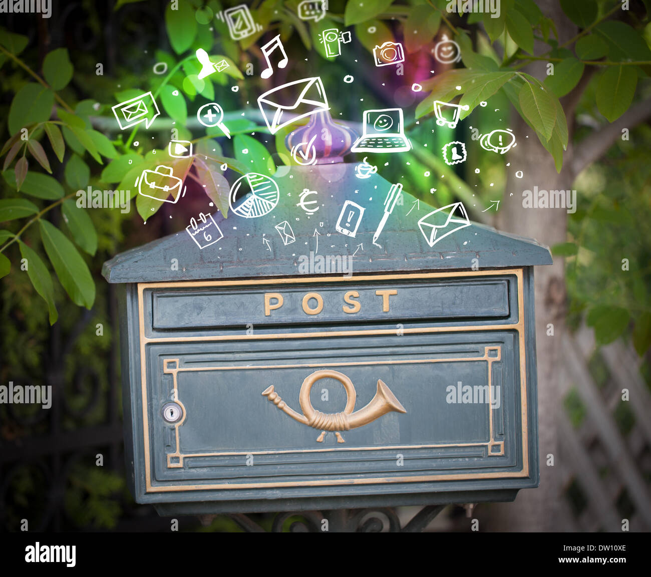 Colorful icons and symbols bursting out of a mailbox Stock Photo - Alamy