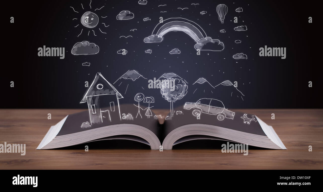 Open book with hand drawn landscape Stock Photo - Alamy