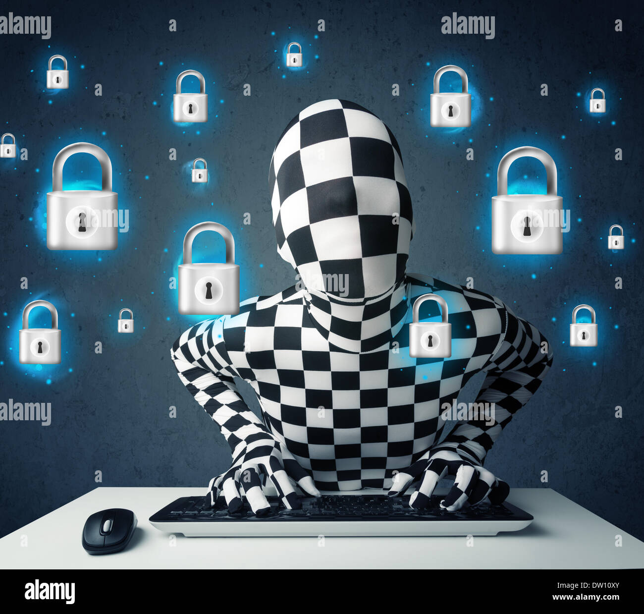 Hacker in disguise with virtual lock symbols and icons Stock Photo - Alamy
