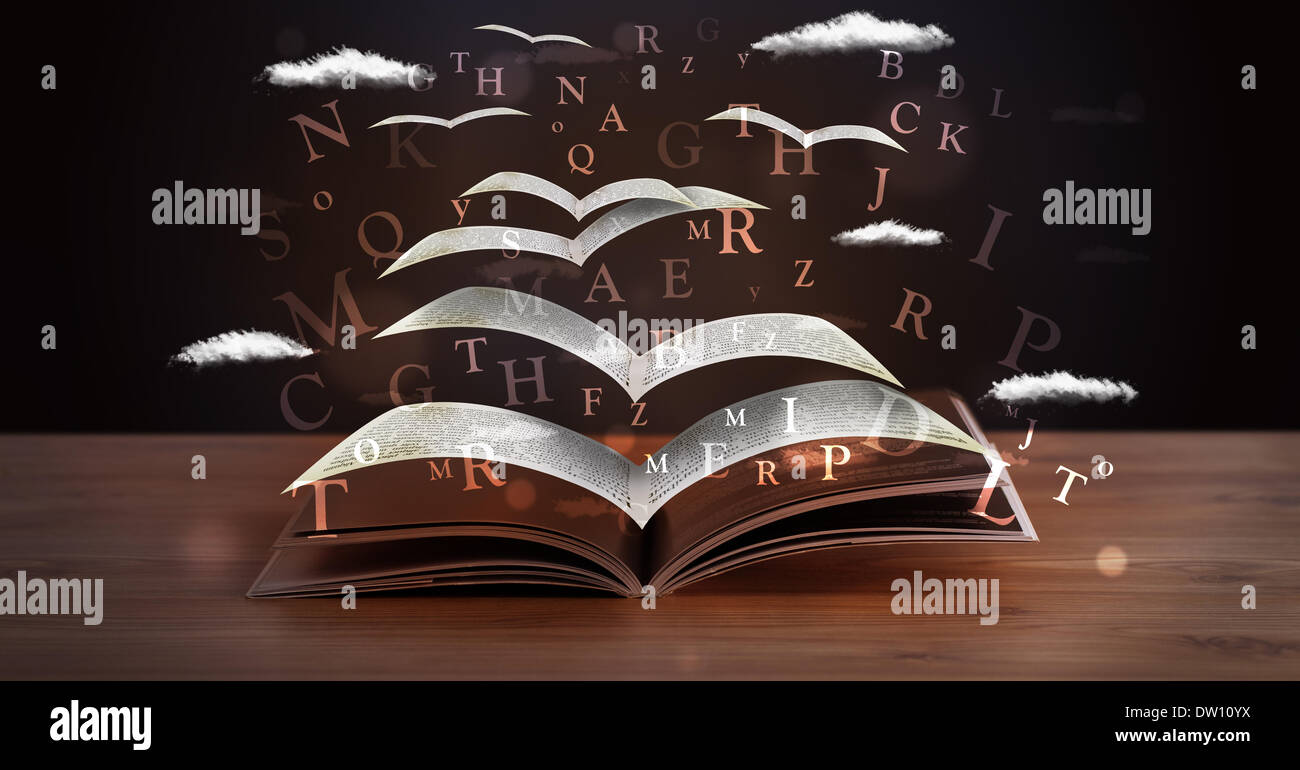 Pages and glowing letters flying out of a book Stock Photo - Alamy