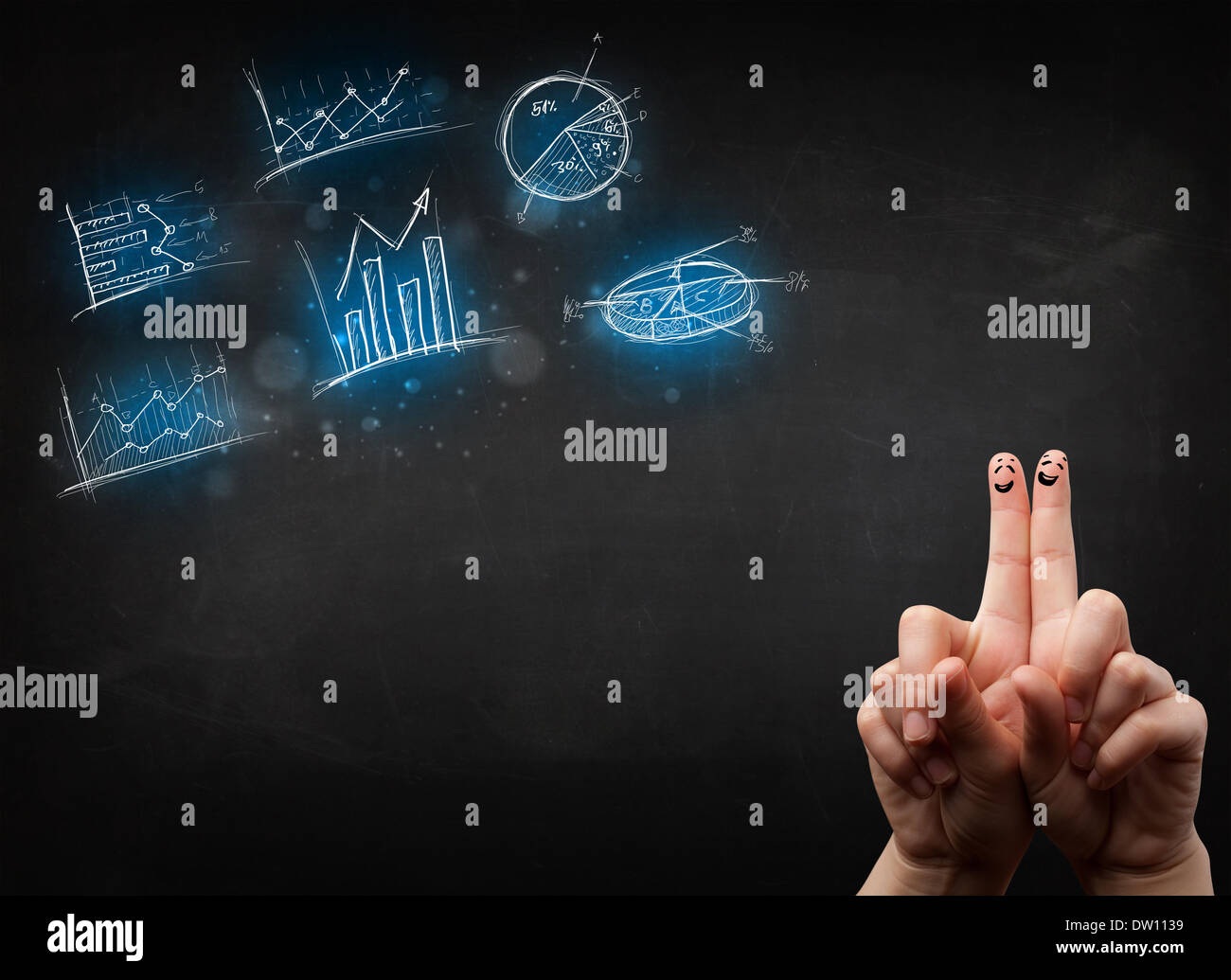 Happy finger smileys with blue chart icons and symbols Stock Photo - Alamy