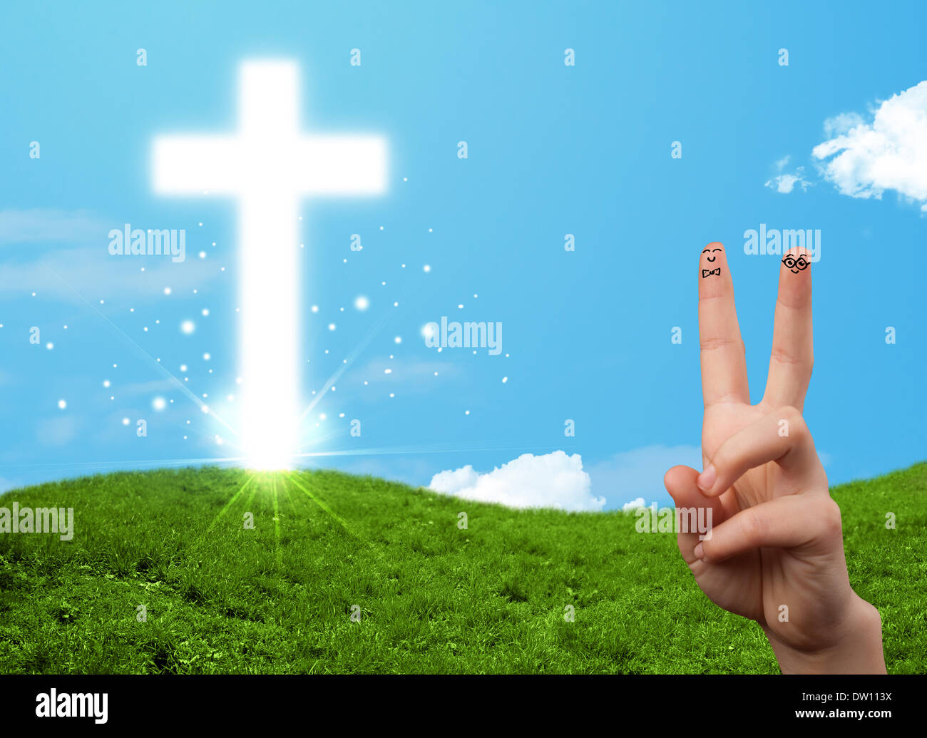 Happy finger smileys with christian religion cross Stock Photo - Alamy