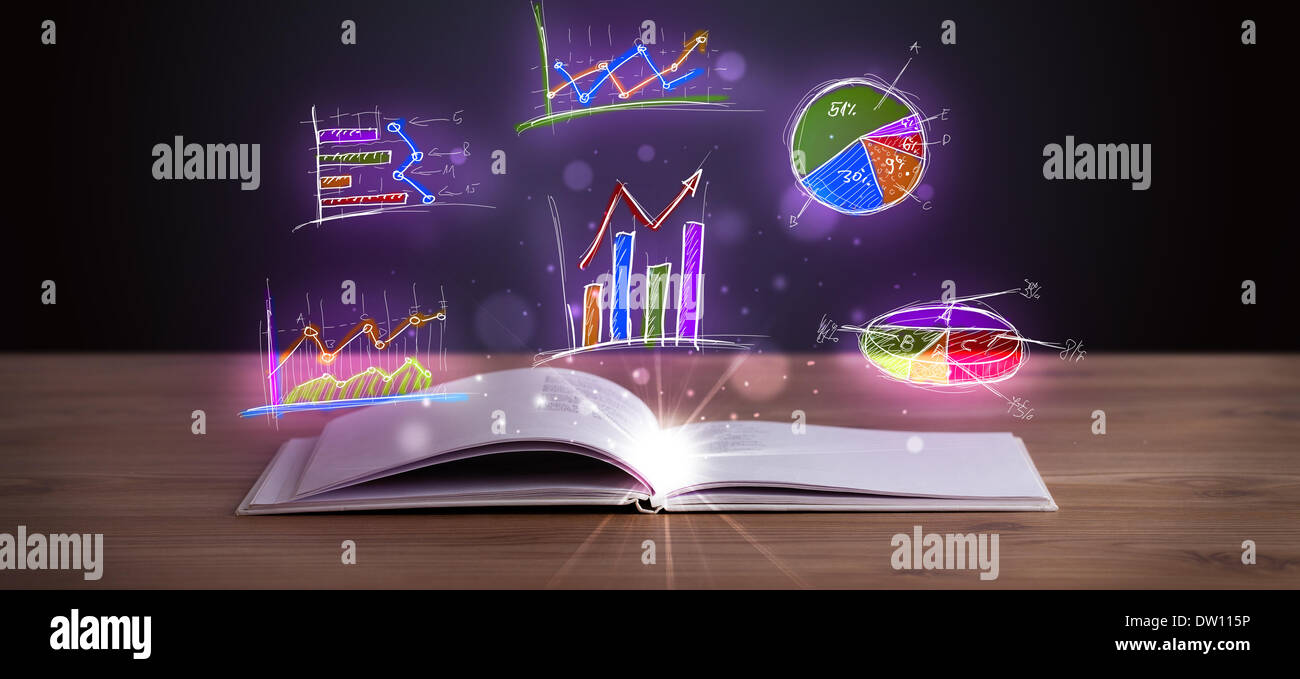 Book on wooden deck with glowing graph illustrations Stock Photo - Alamy