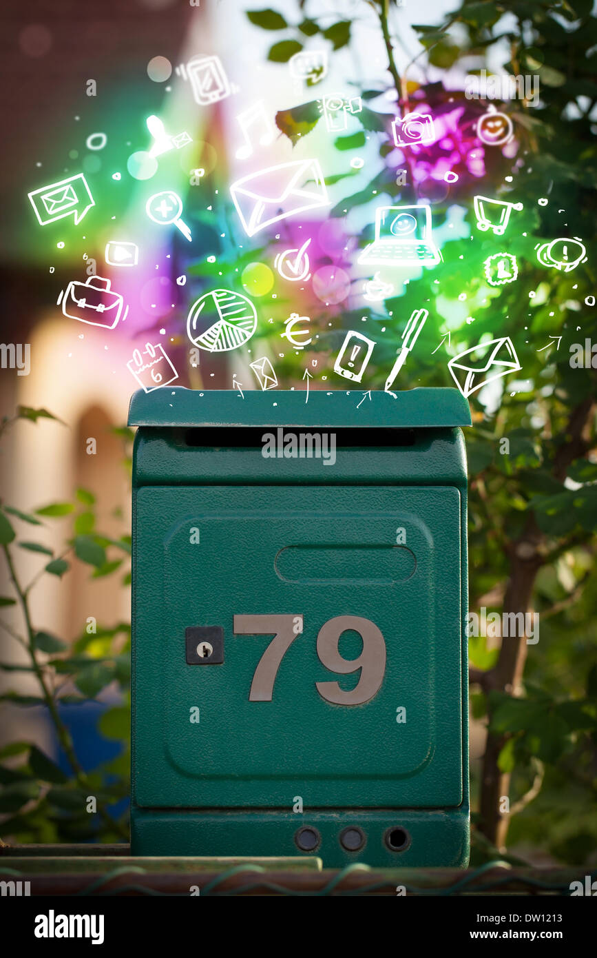 Colorful icons and symbols bursting out of a mailbox Stock Photo - Alamy