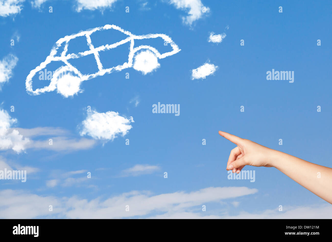Hand pointing at car cloud on a blue sky Stock Photo - Alamy