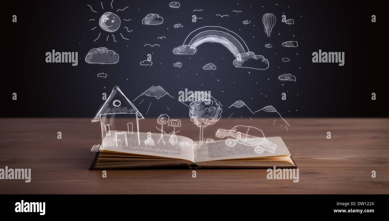 Open book with hand drawn landscape Stock Photo - Alamy