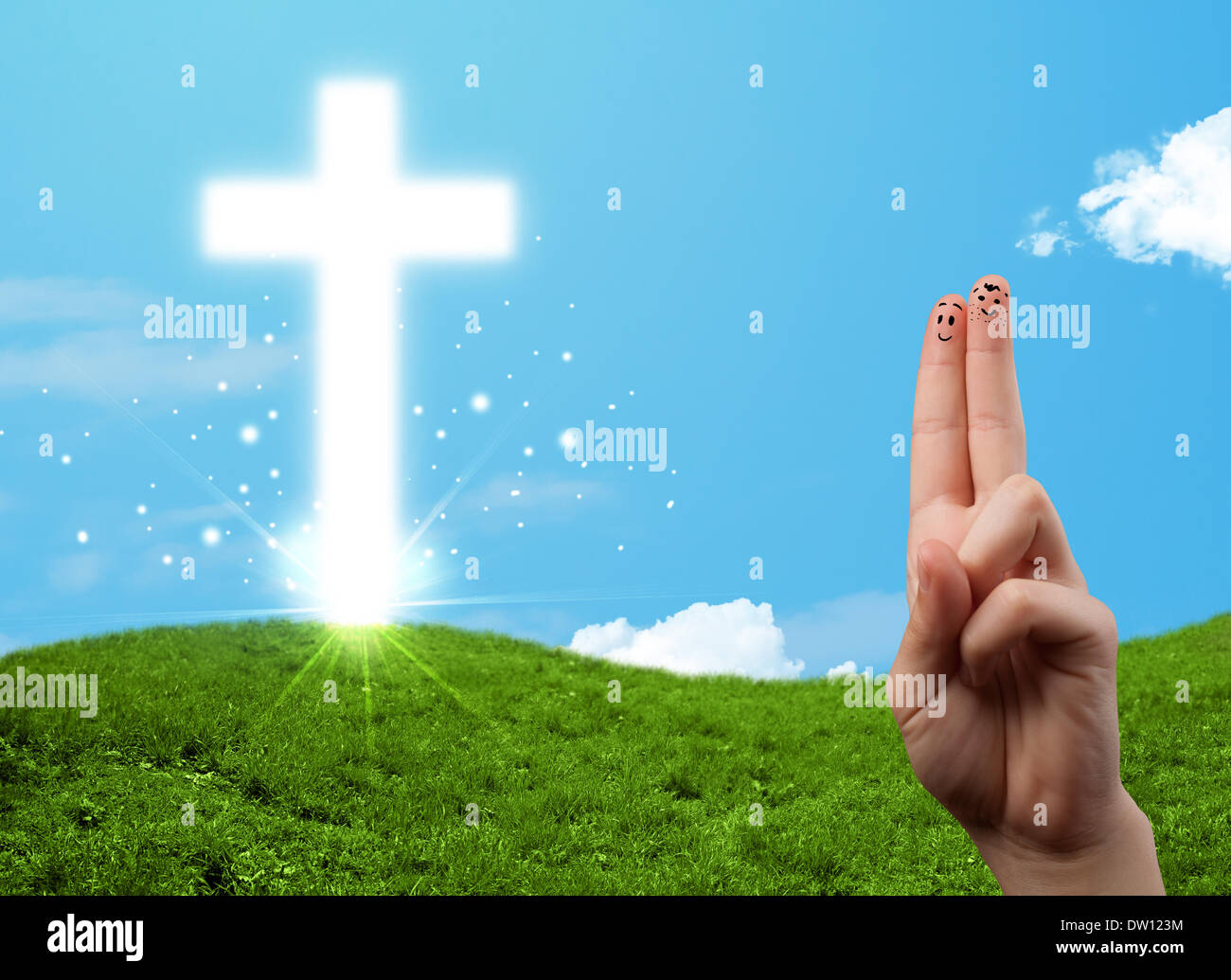 Happy finger smileys with christian religion cross Stock Photo - Alamy