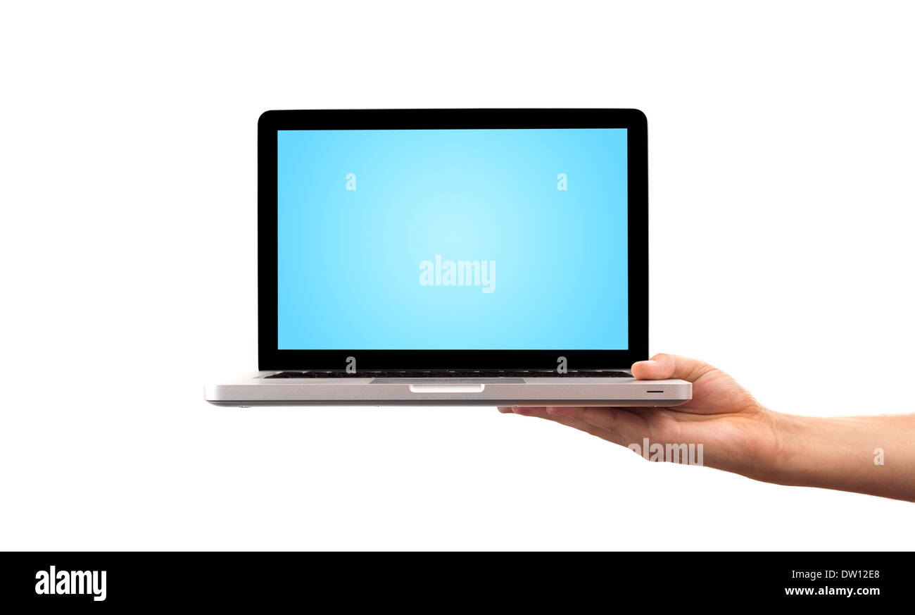 male hand holding laptop Stock Photo - Alamy