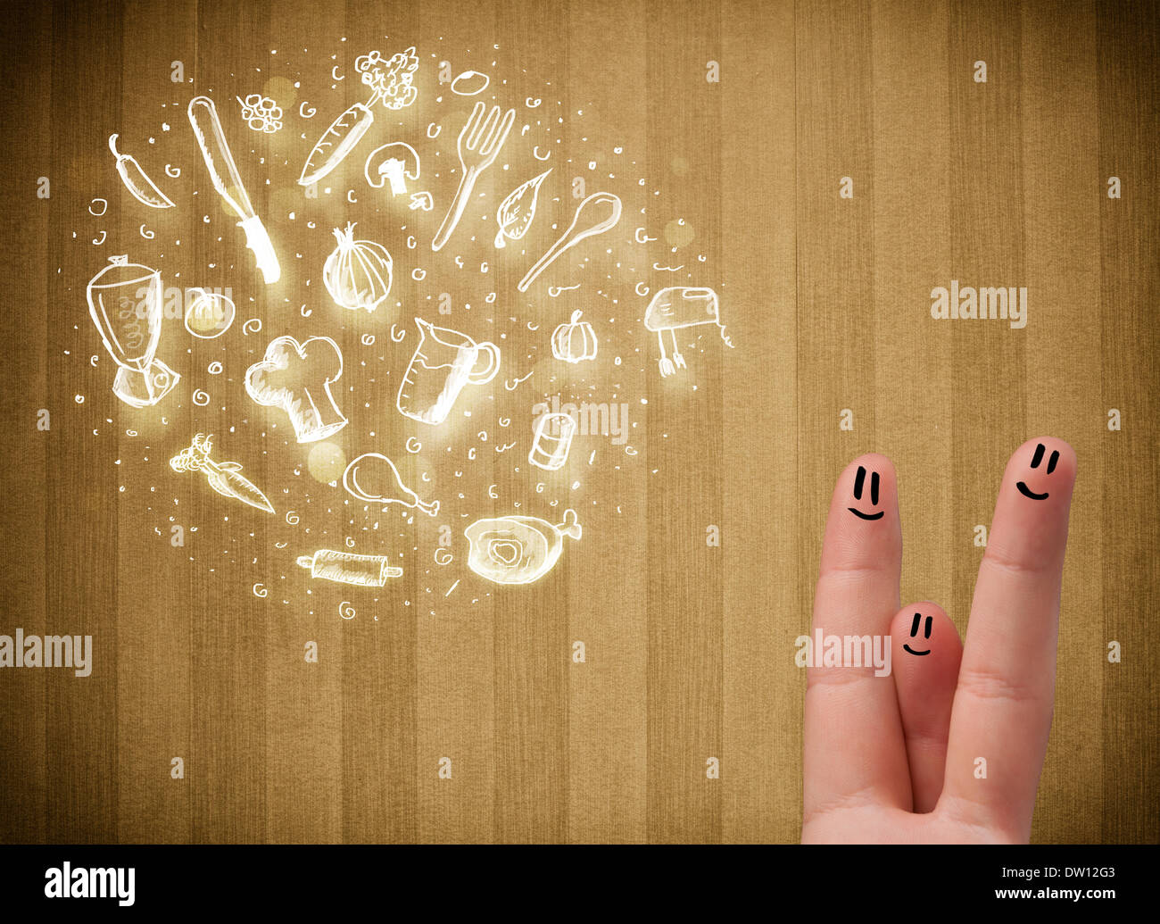 Cheerful finger smileys with food and kitchen hand drawn icons Stock ...