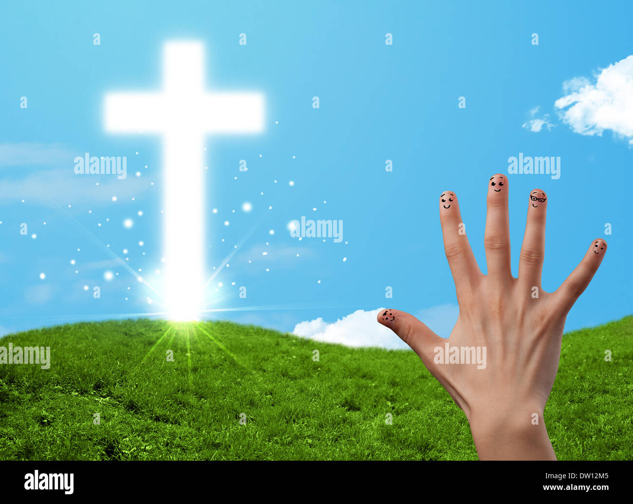 Happy finger smileys with christian religion cross Stock Photo - Alamy