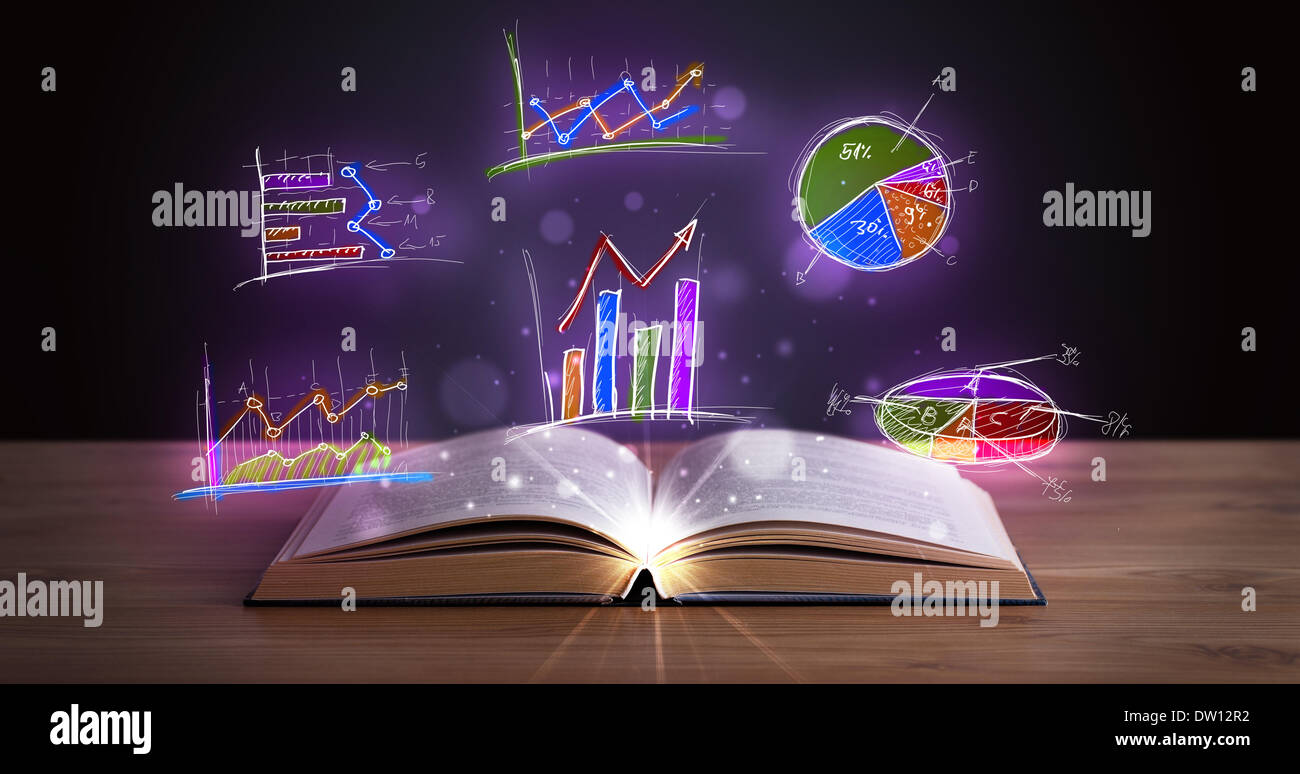 Book on wooden deck with glowing graph illustrations Stock Photo - Alamy