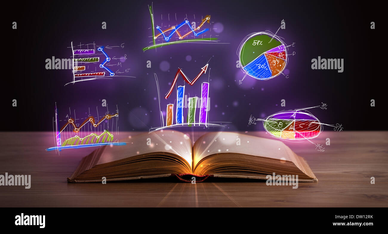 Book on wooden deck with glowing graph illustrations Stock Photo - Alamy