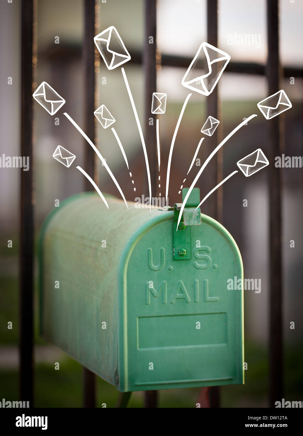 Hand drawn envelopes comming out of a mailbox Stock Photo - Alamy