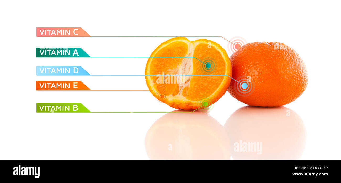 Healthy fruits with colorful vitamin symbols and icons Stock Photo - Alamy