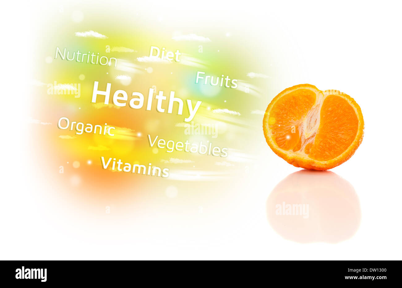 Colorful juicy fruits with healthy text and signs Stock Photo - Alamy