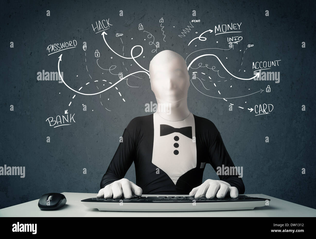 Morphsuit hacker with white drawn line thoughts Stock Photo - Alamy