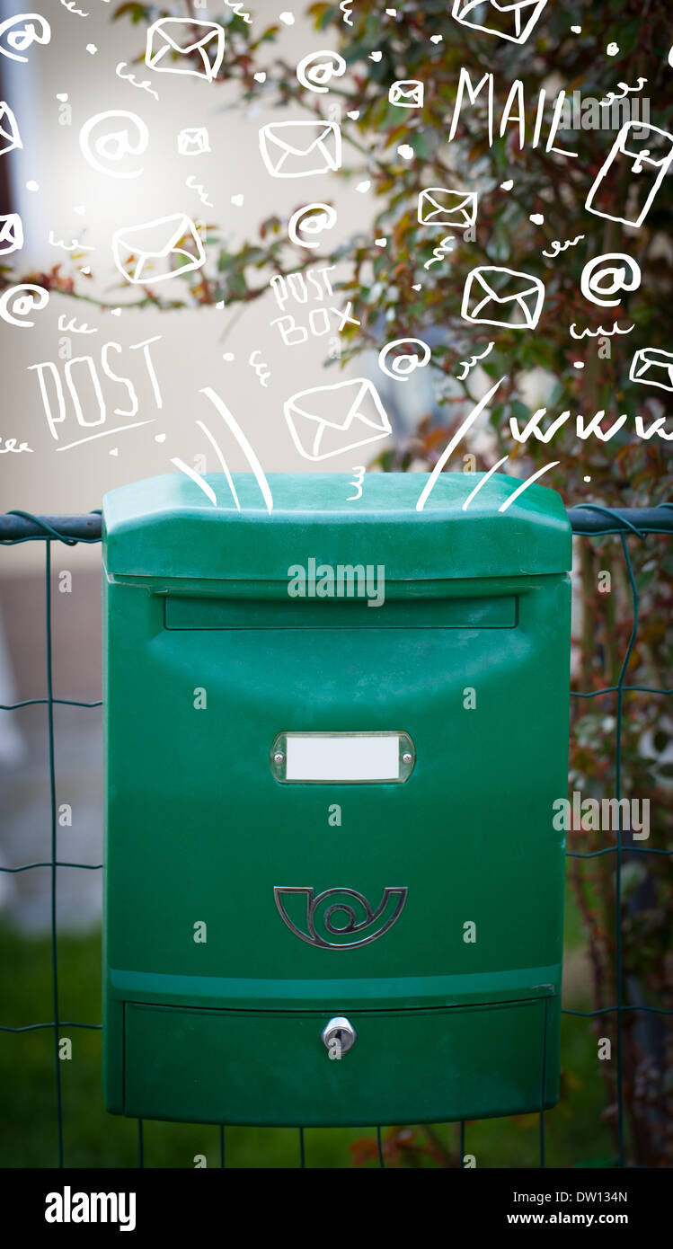 Postbox with white hand drawn mail icons Stock Photo - Alamy