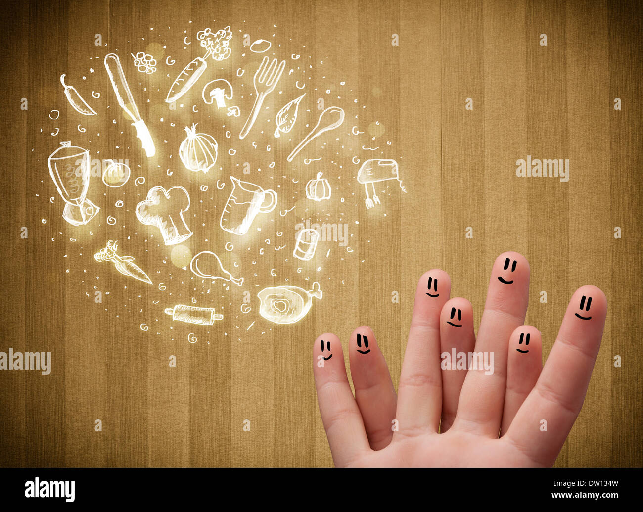 Cheerful finger smileys with food and kitchen hand drawn icons Stock ...