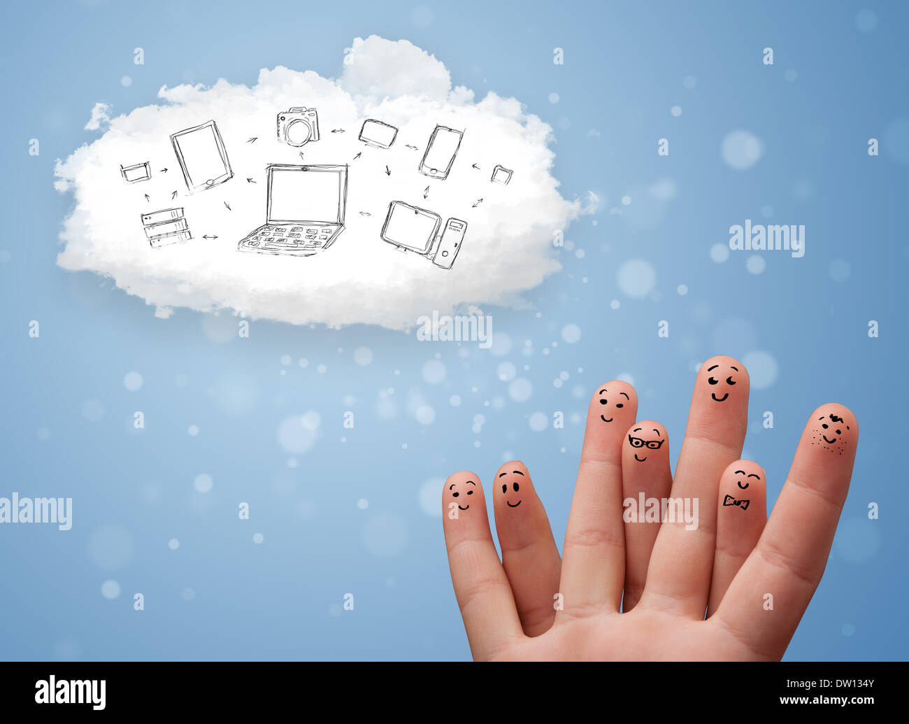 Happy smiley fingers looking at cloud computing with technology icons ...