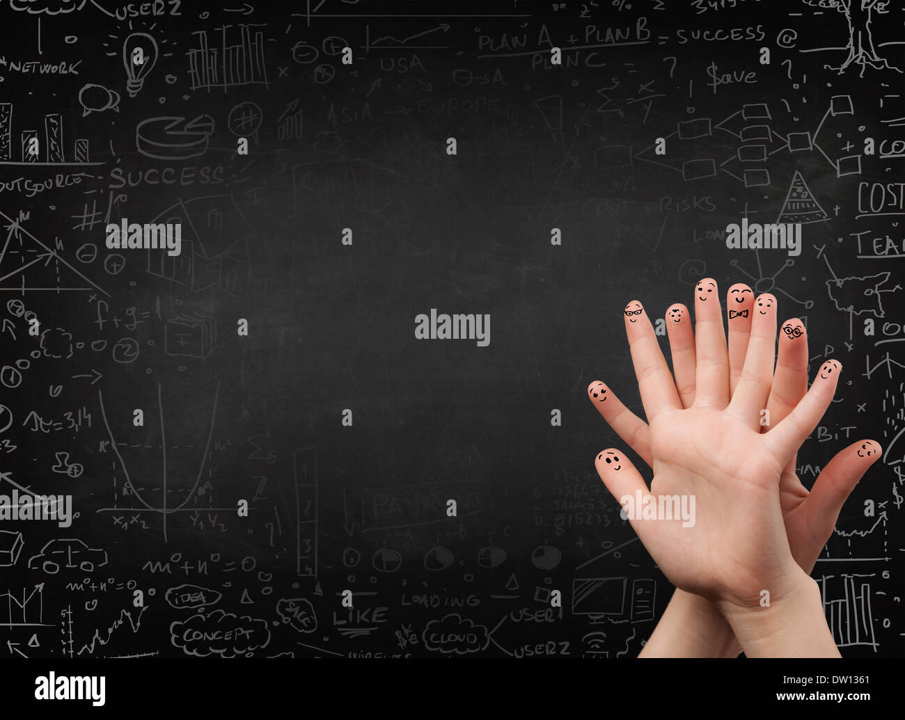 Happy finger smileys with black chalkboard in background Stock Photo - Alamy