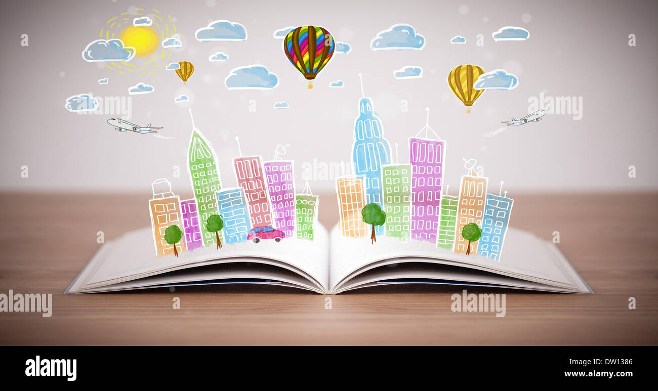 cityscape drawing on open book Stock Photo - Alamy