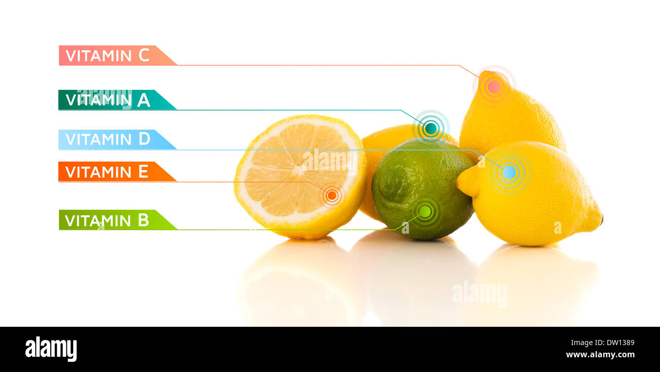 Healthy fruits with colorful vitamin symbols and icons Stock Photo - Alamy
