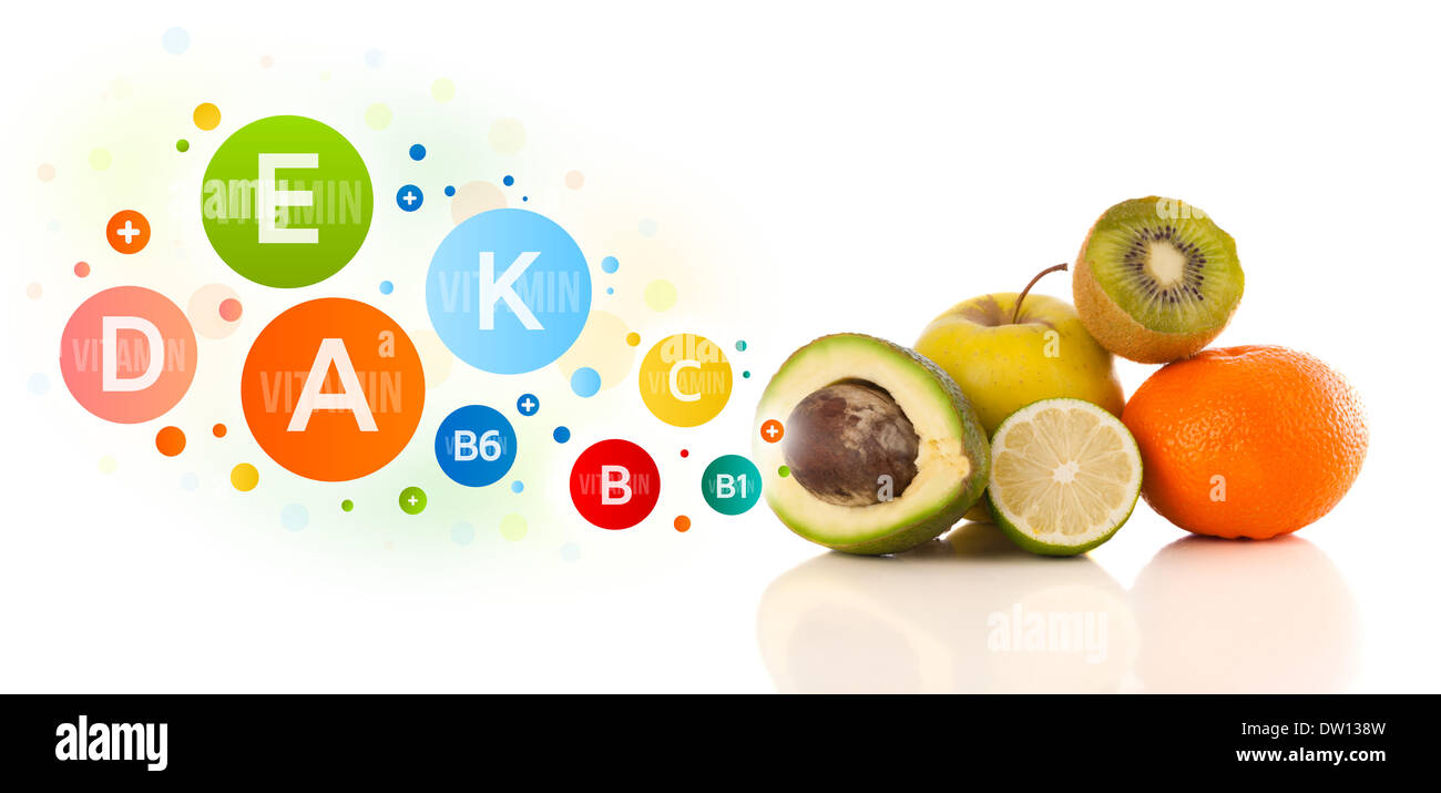 Healthy fruits with colorful vitamin symbols and icons Stock Photo - Alamy