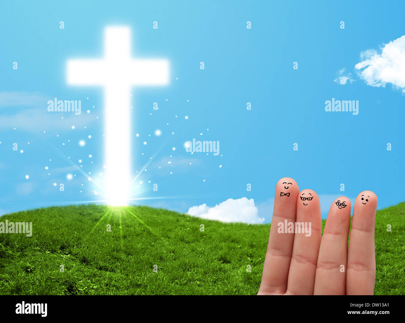 Happy finger smileys with christian religion cross Stock Photo - Alamy