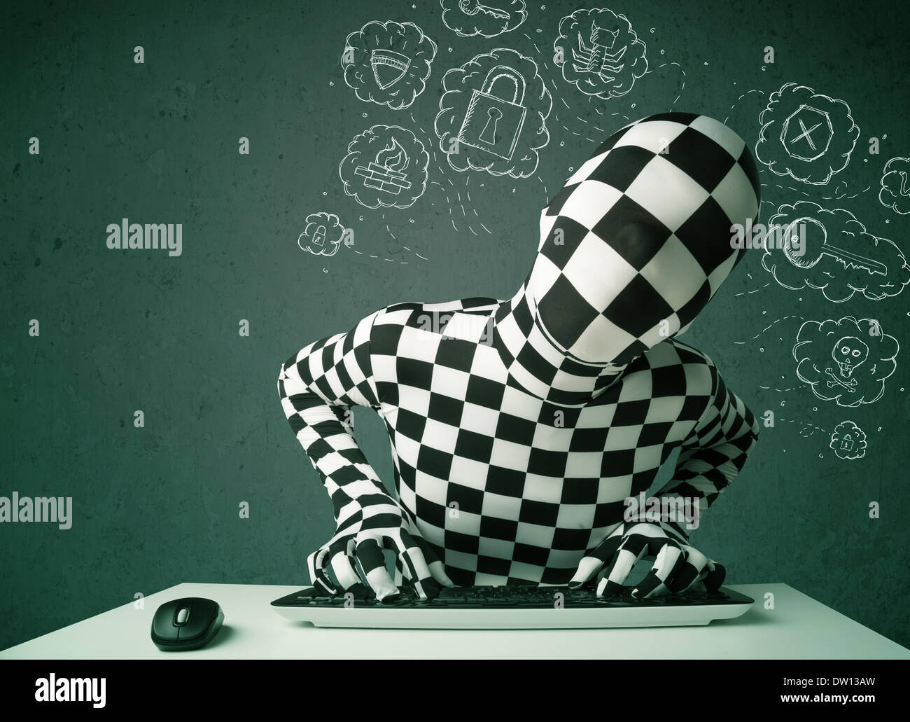 Hacker in mask morphsuit with virus and hacking thoughts Stock Photo ...