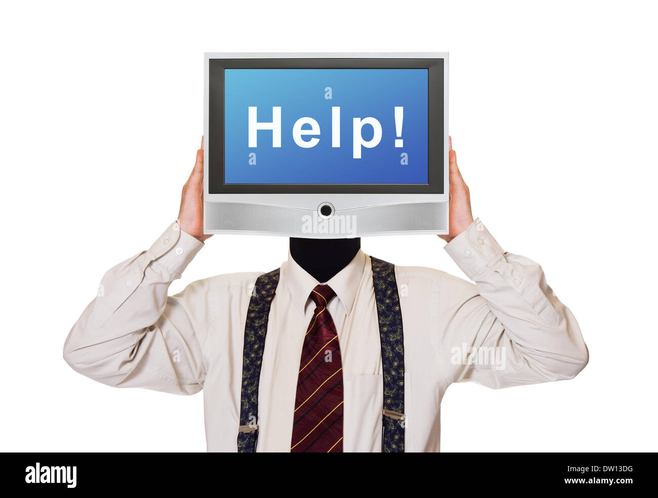Man with Help tv screen for head Stock Photo - Alamy