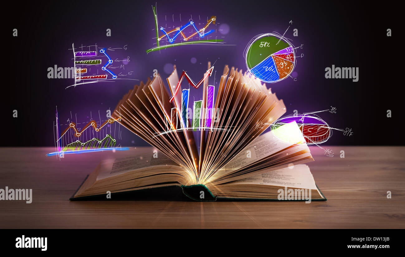 Book on wooden deck with glowing graph illustrations Stock Photo - Alamy