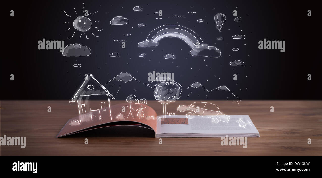 Open book with hand drawn landscape Stock Photo - Alamy