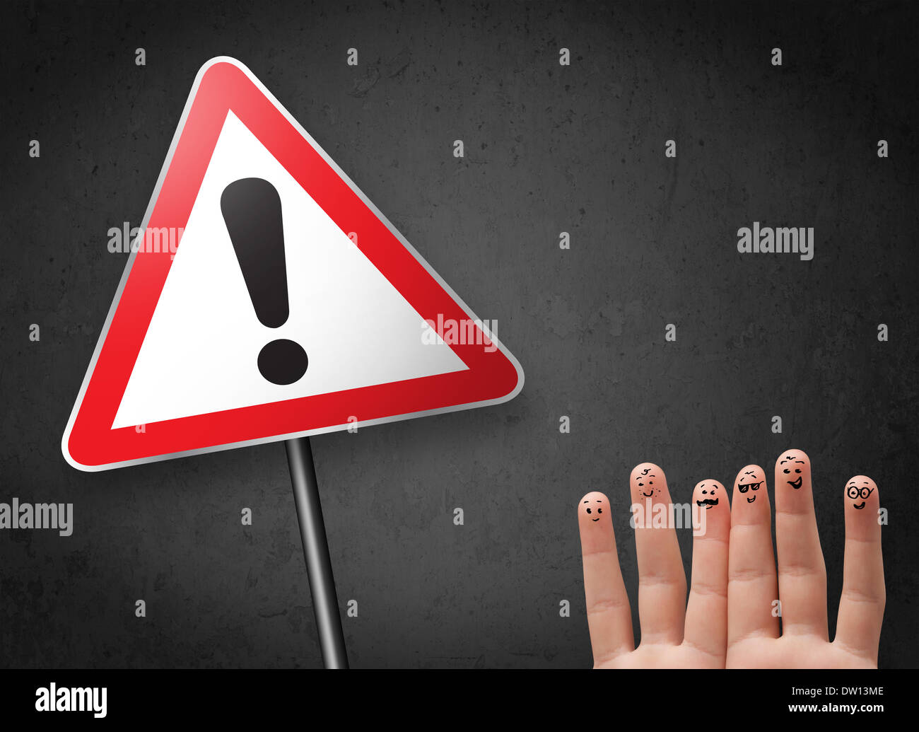 Happy smiley fingers looking at triangle warning sign with exclamation ...