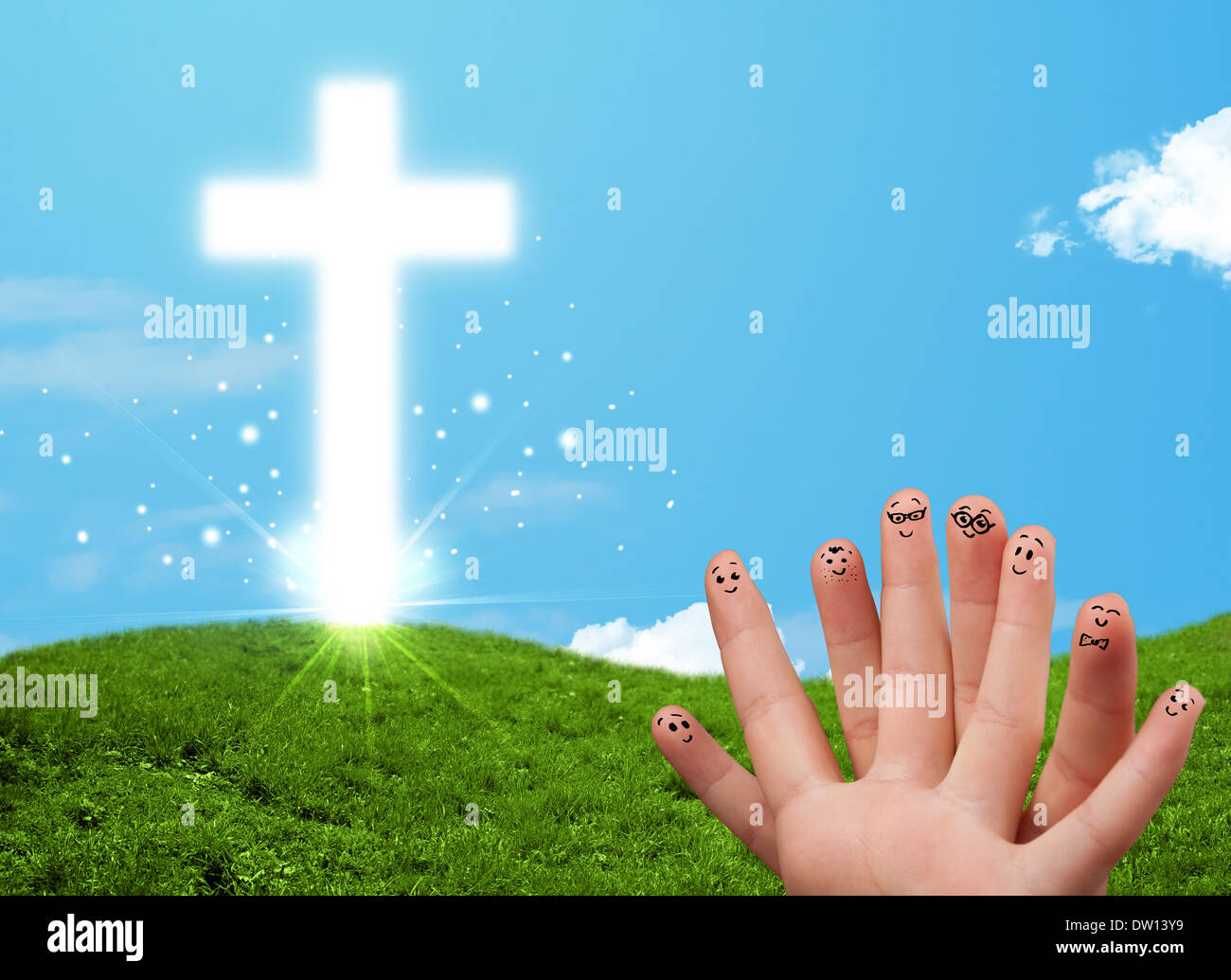 Happy finger smileys with christian religion cross Stock Photo - Alamy
