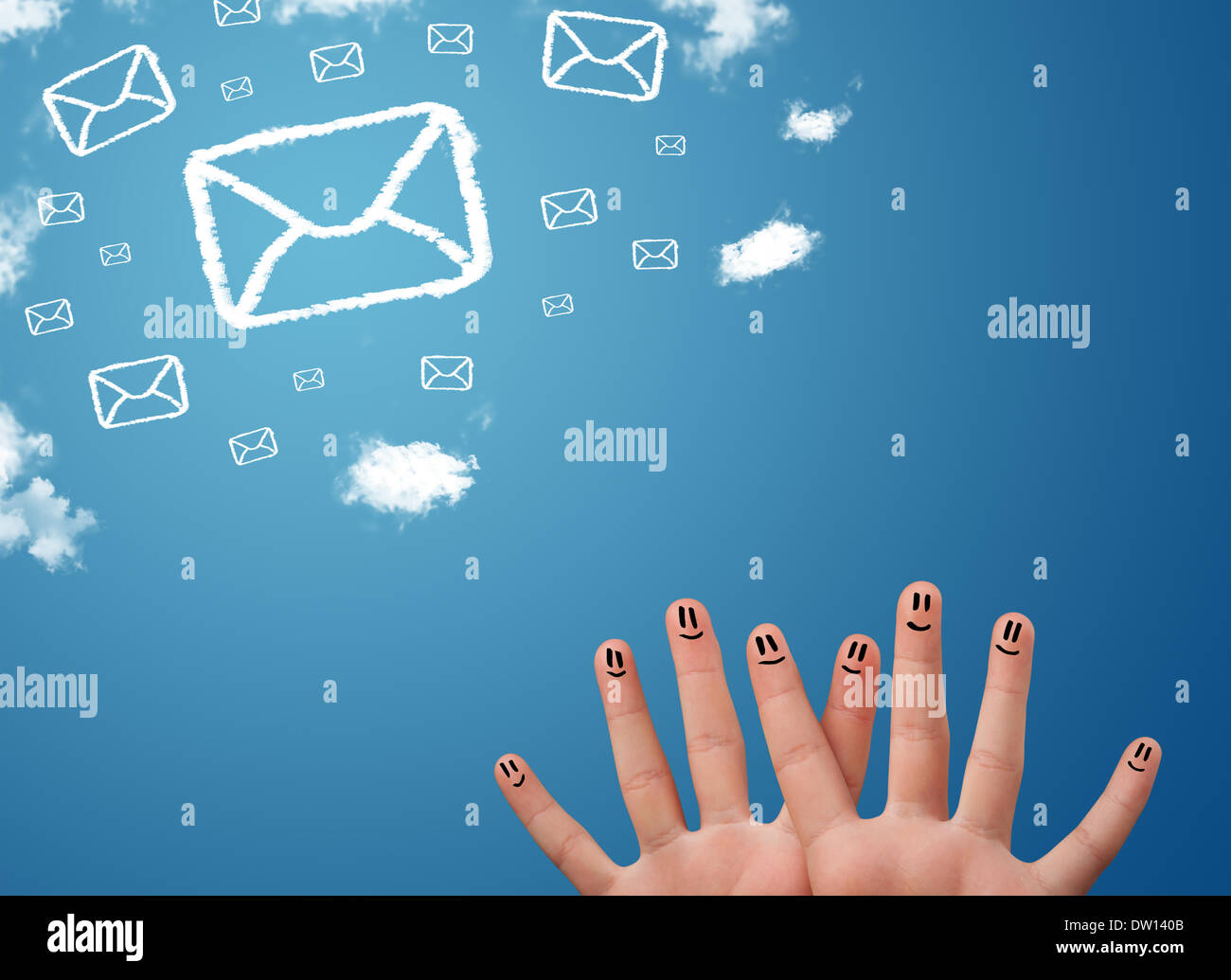 Happy smiley fingers looking at mail icons made out of clouds Stock ...