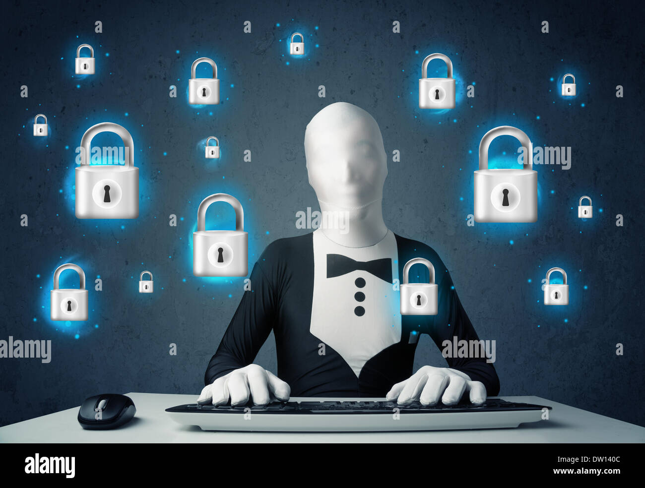 Hacker in disguise with virtual lock symbols and icons Stock Photo - Alamy