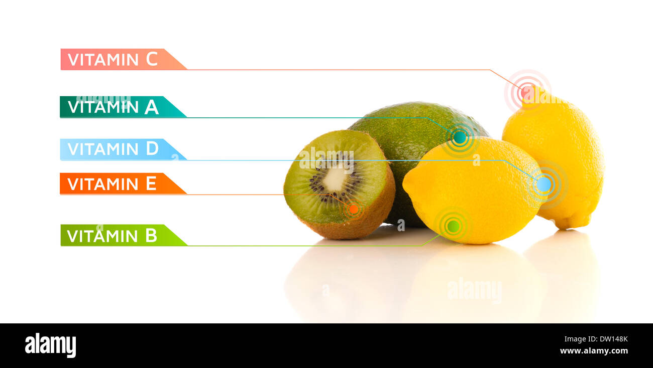 Healthy fruits with colorful vitamin symbols and icons Stock Photo - Alamy