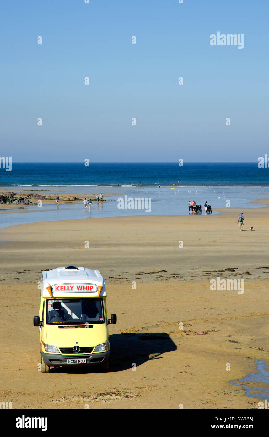 A kellys ice cream van on the beach at Polzeath in Cornwall, UK Stock ...