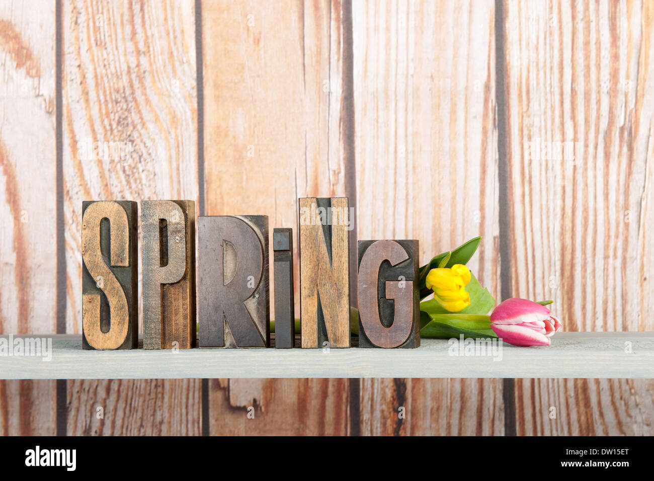 spring written with vintage used print letters and tulips Stock Photo ...