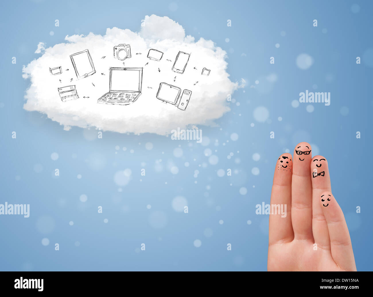 Happy smiley fingers looking at cloud computing with technology icons ...