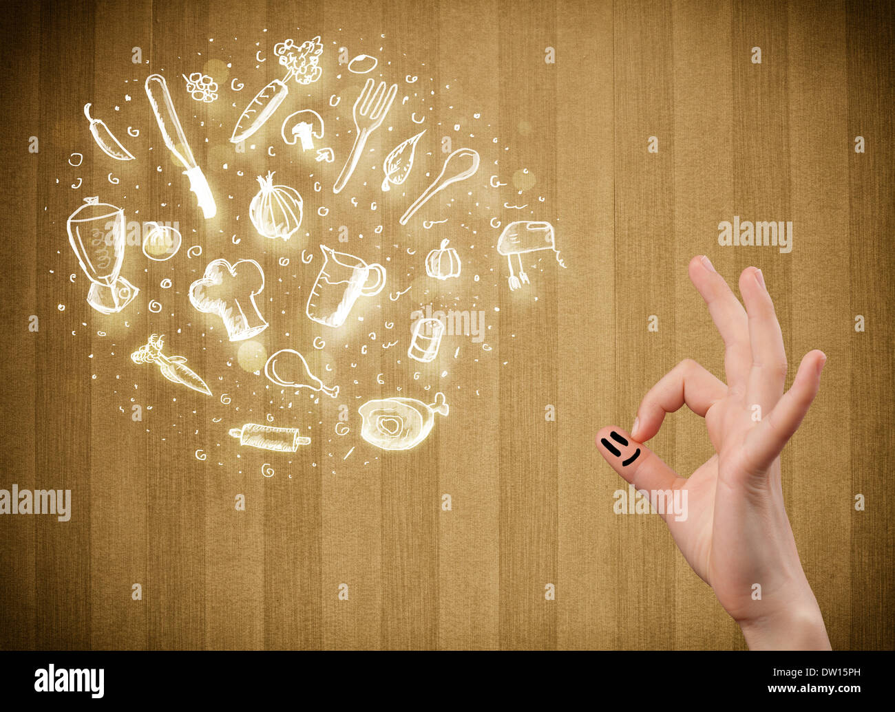 Cheerful finger smileys with food and kitchen hand drawn icons Stock ...