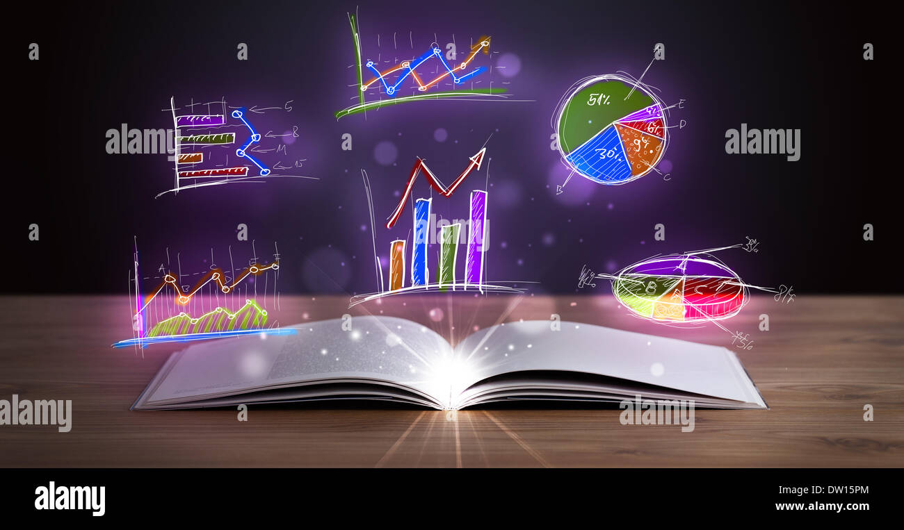 Book on wooden deck with glowing graph illustrations Stock Photo - Alamy