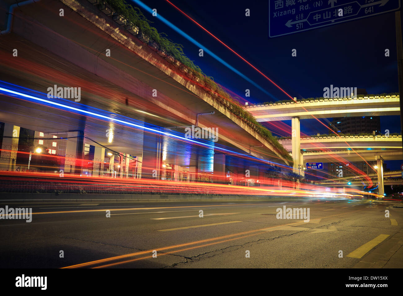 light trails with highway viaduct Stock Photo - Alamy