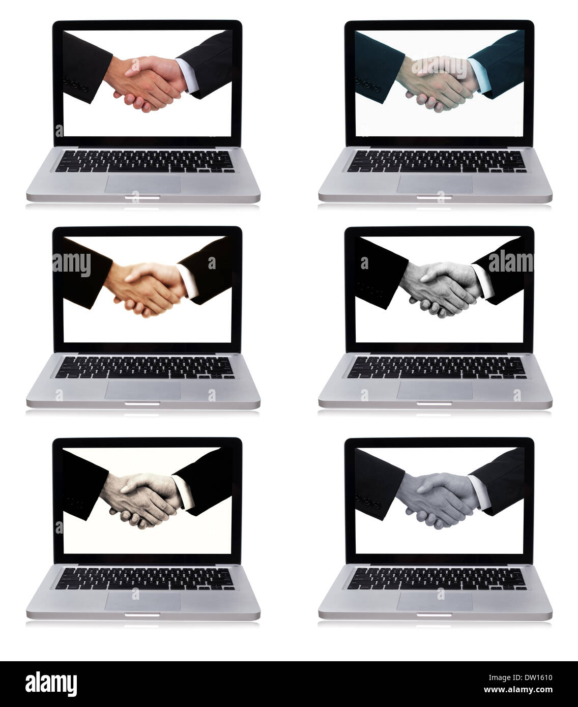 Collection of laptops with business handshake Stock Photo - Alamy