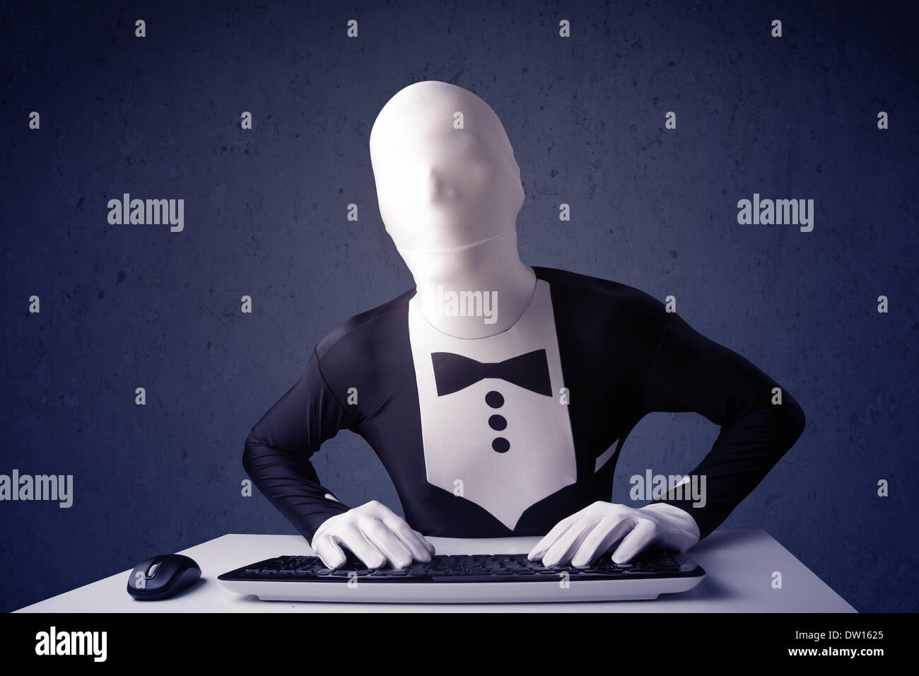 Man without identity working with keyboard on blue background Stock ...