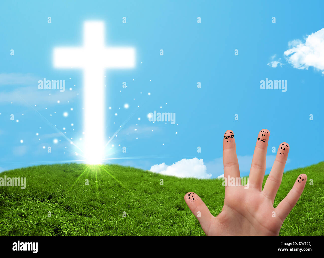 Happy finger smileys with christian religion cross Stock Photo - Alamy