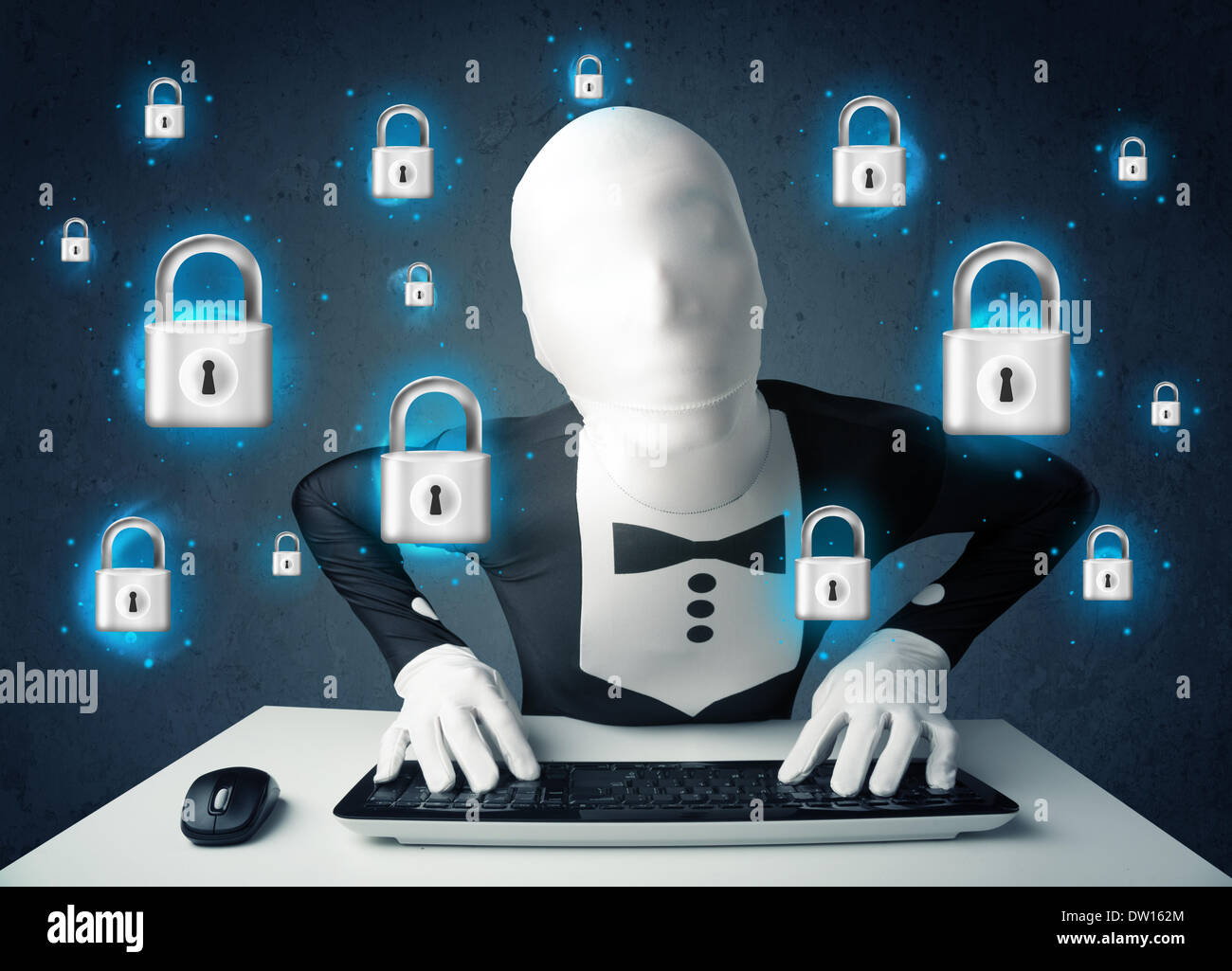 Hacker in disguise with virtual lock symbols and icons Stock Photo - Alamy
