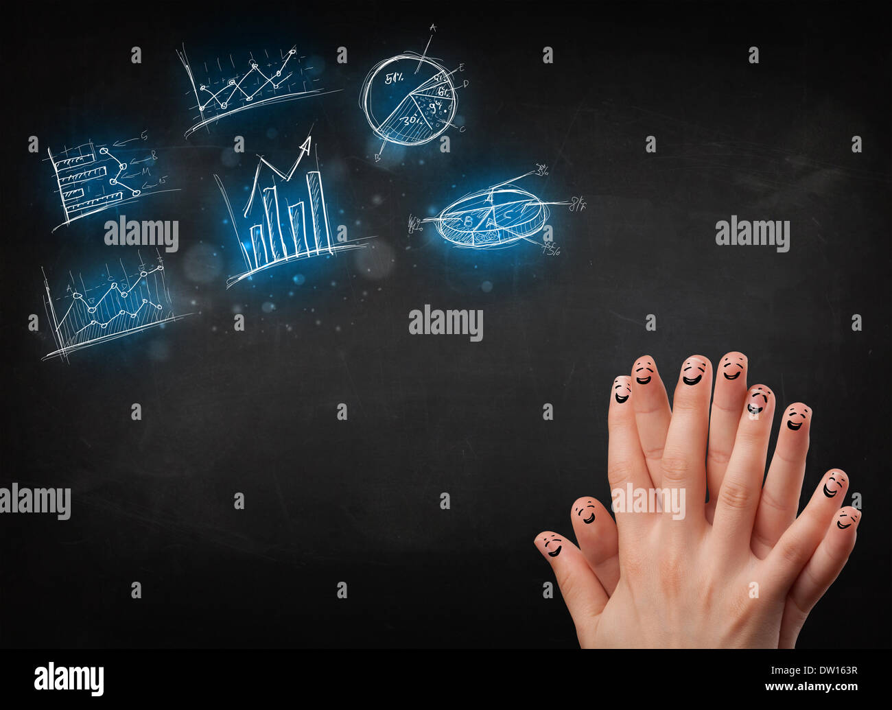 Happy finger smileys with blue chart icons and symbols Stock Photo - Alamy