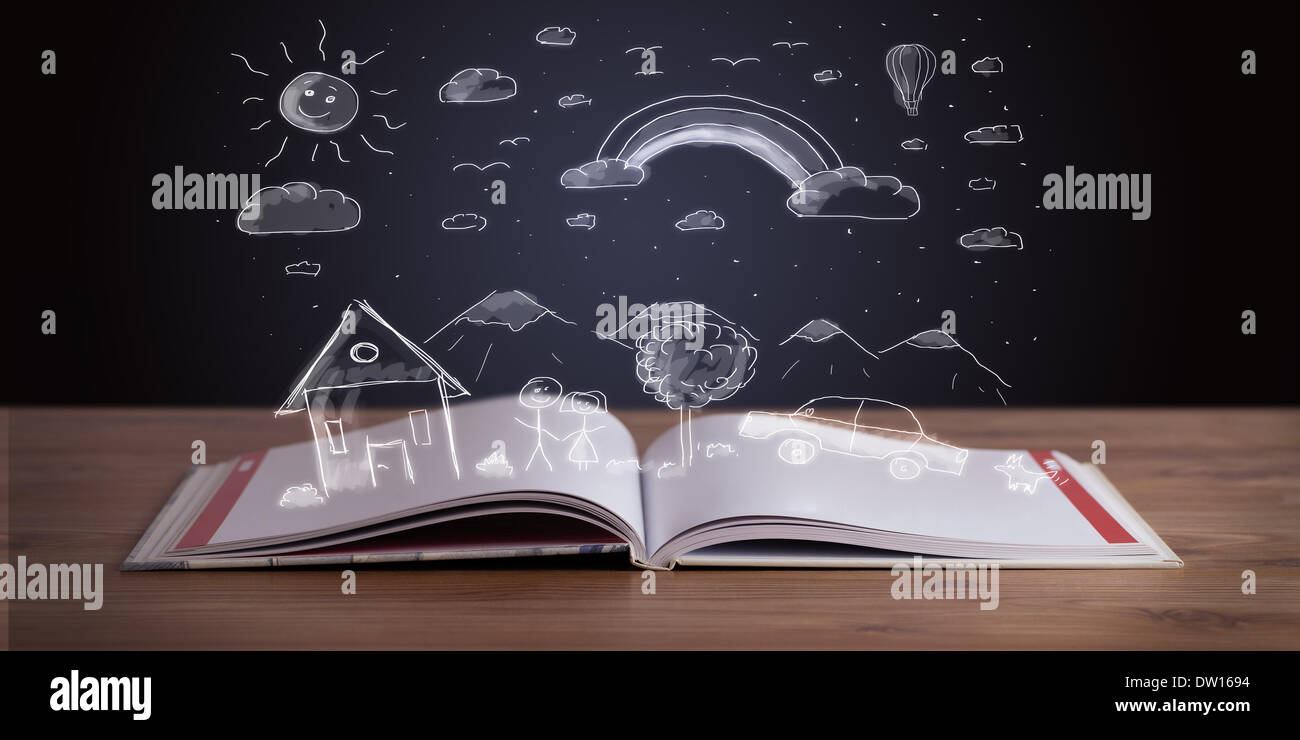 Open book with hand drawn landscape Stock Photo - Alamy